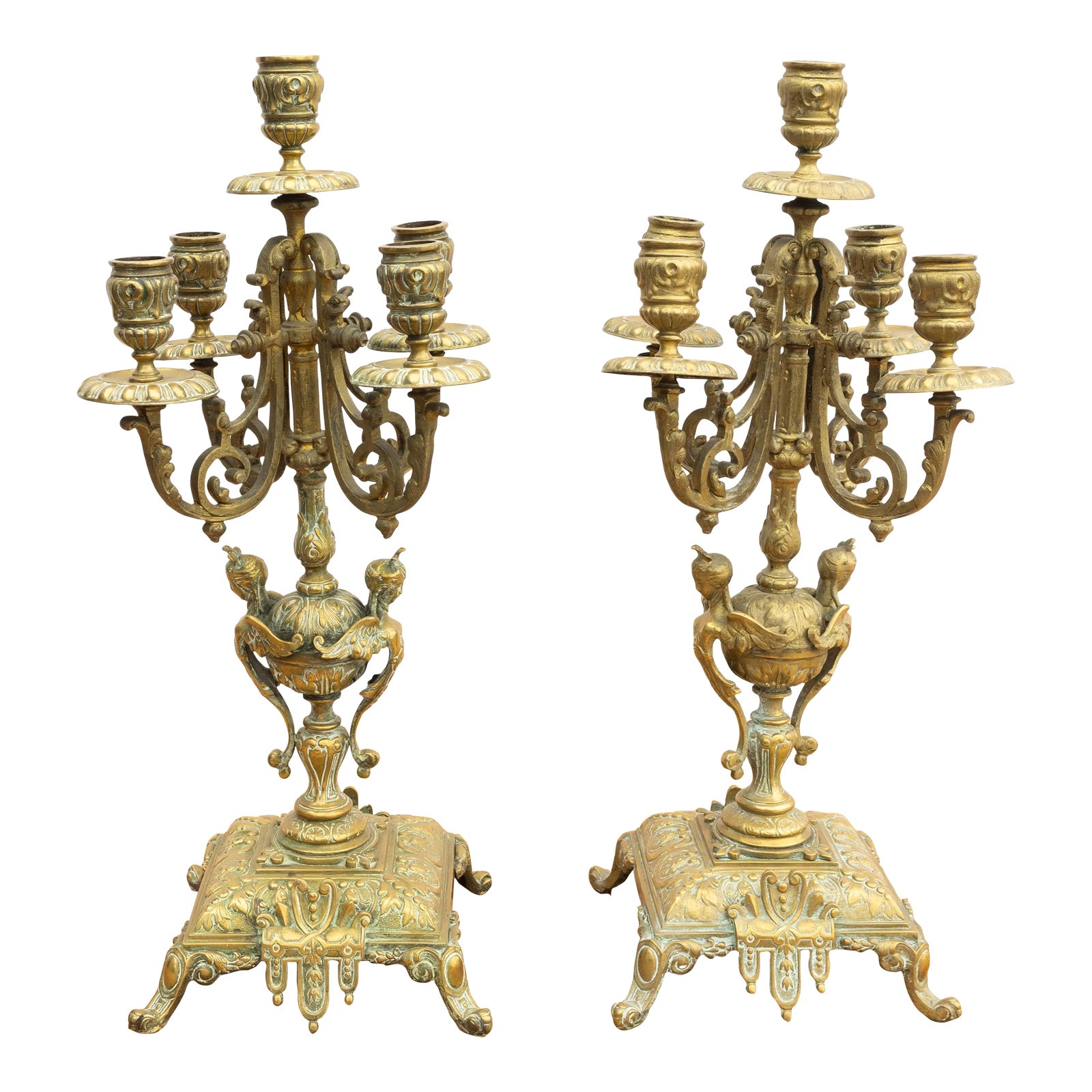 Late 19th Century Antique Pair of Brass Candelabras | Chairish