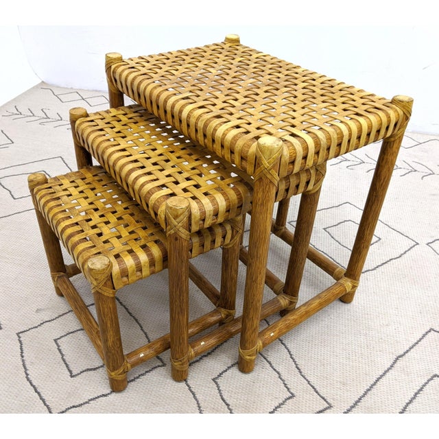1980s McGUIRE Leather Woven and Bamboo Nesting Stool Tables - Set of ...