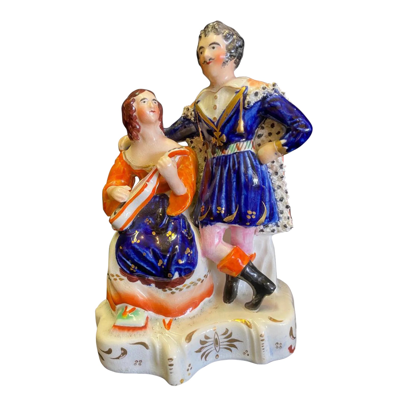 Staffordshire Figure of Girl Playing Musical Instrument | Chairish