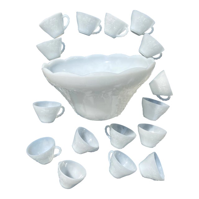 Mid-Century Anchor Hocking Milk Glass Punch Set, 17 Pieces | Chairish