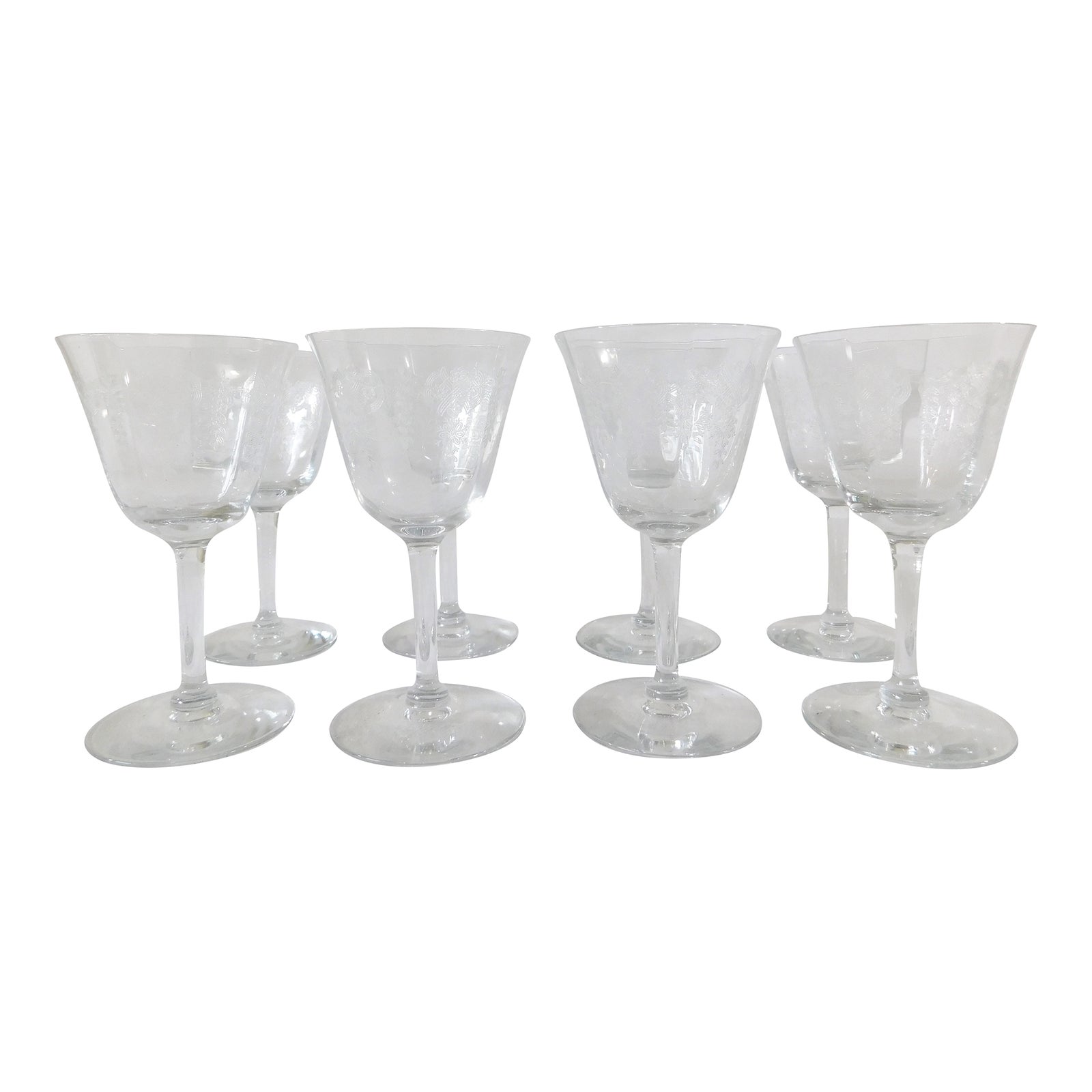 C1950s Mid-Century Etched & Fluted Crystal Cordial Liquor Glasses - Set ...