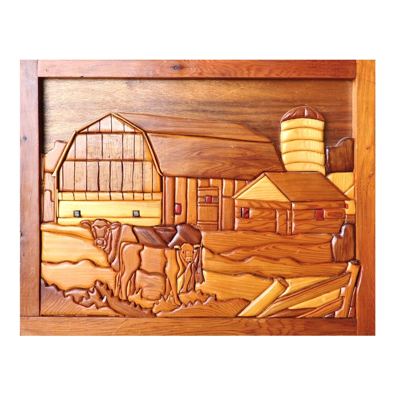 Intarsia Wood Artwork Depicting a Farm and Animals | Chairish