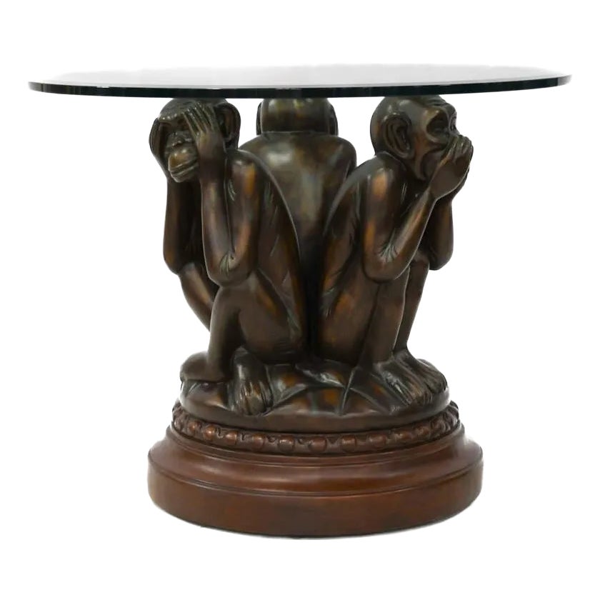 Whimsical Three Wise Monkeys Revolving Sculpture Table | Chairish