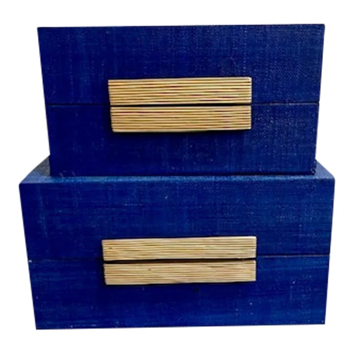 Large Blue Raffia Decorative Boxes With Gold Accents- Set of 2 | Chairish