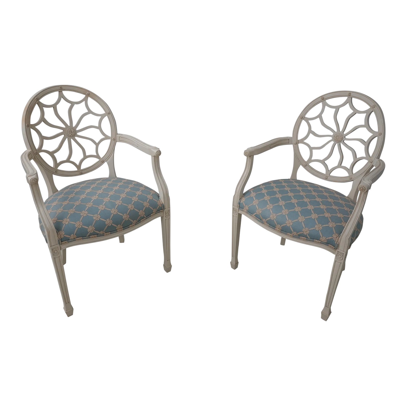 Pair Decorator Spiral Web Back Upholstered Seat Armchairs | Chairish