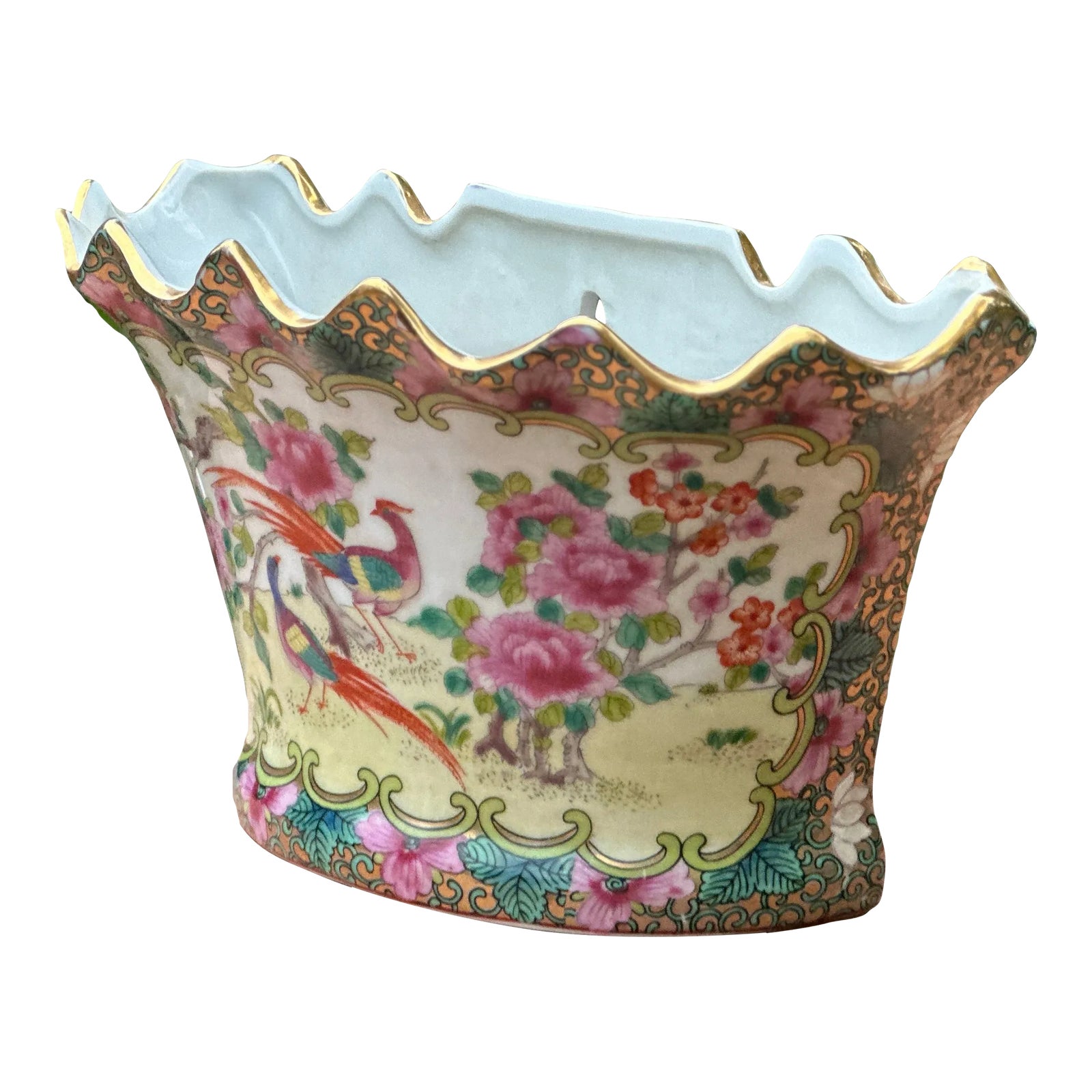 Vintage Chinese Porcelain Wall Pocket With Ruffled Rim Flowers & Birds ...