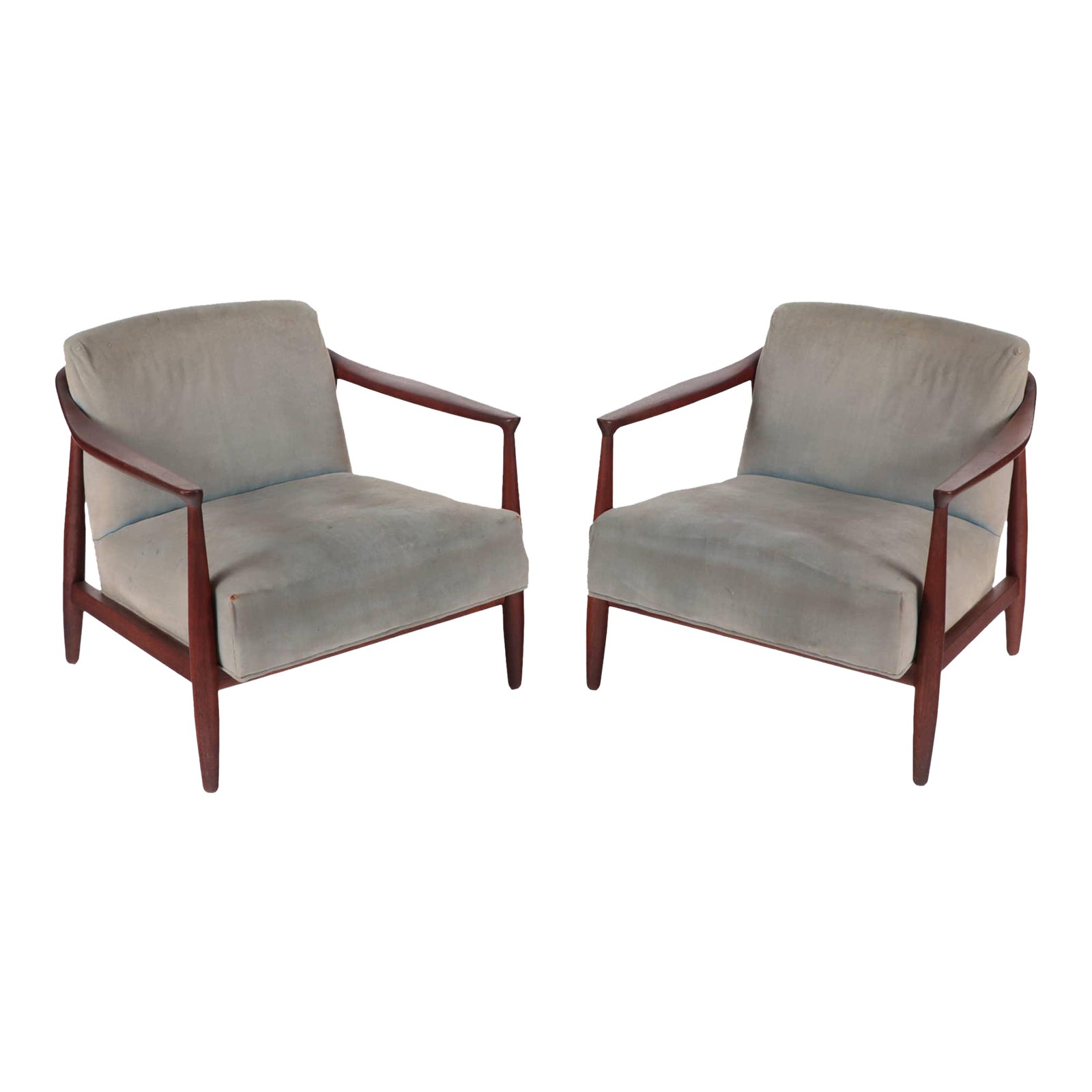 Mid Century Modern Erwin Lambeth Upholstered Mahogany Open Arm Chairs ...