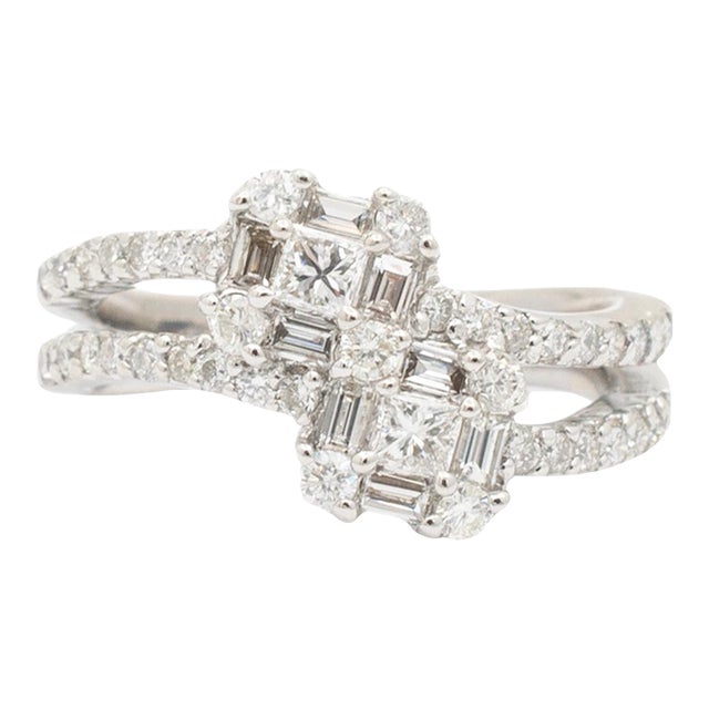 Ladies 18K White Gold Double Square Headed Diamond Engagement Ring Size ...
