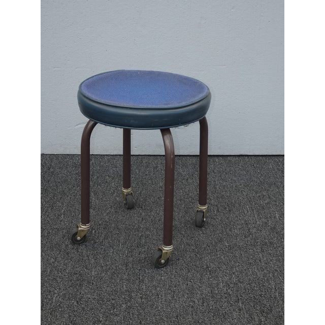 Vintage Mid Century Modern Industrial Blue Stools on Castors | Chairish