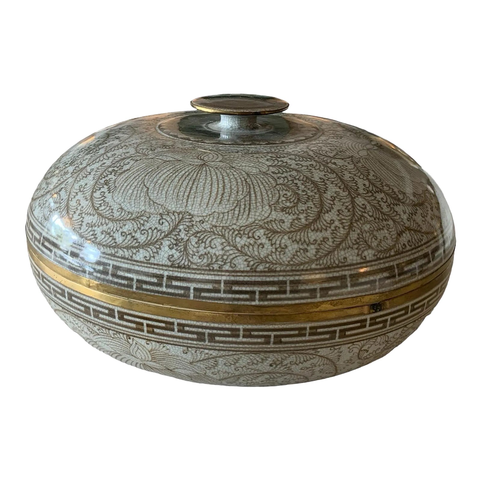 Ceramic Tan & White Covered Dish | Chairish