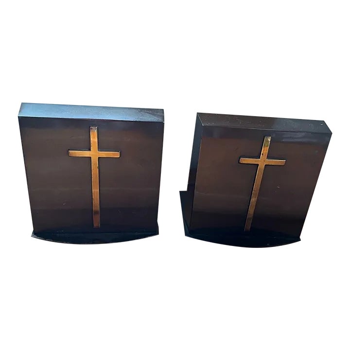 Vintage Bronze Bookends With Gold Brass Cross - A Pair | Chairish