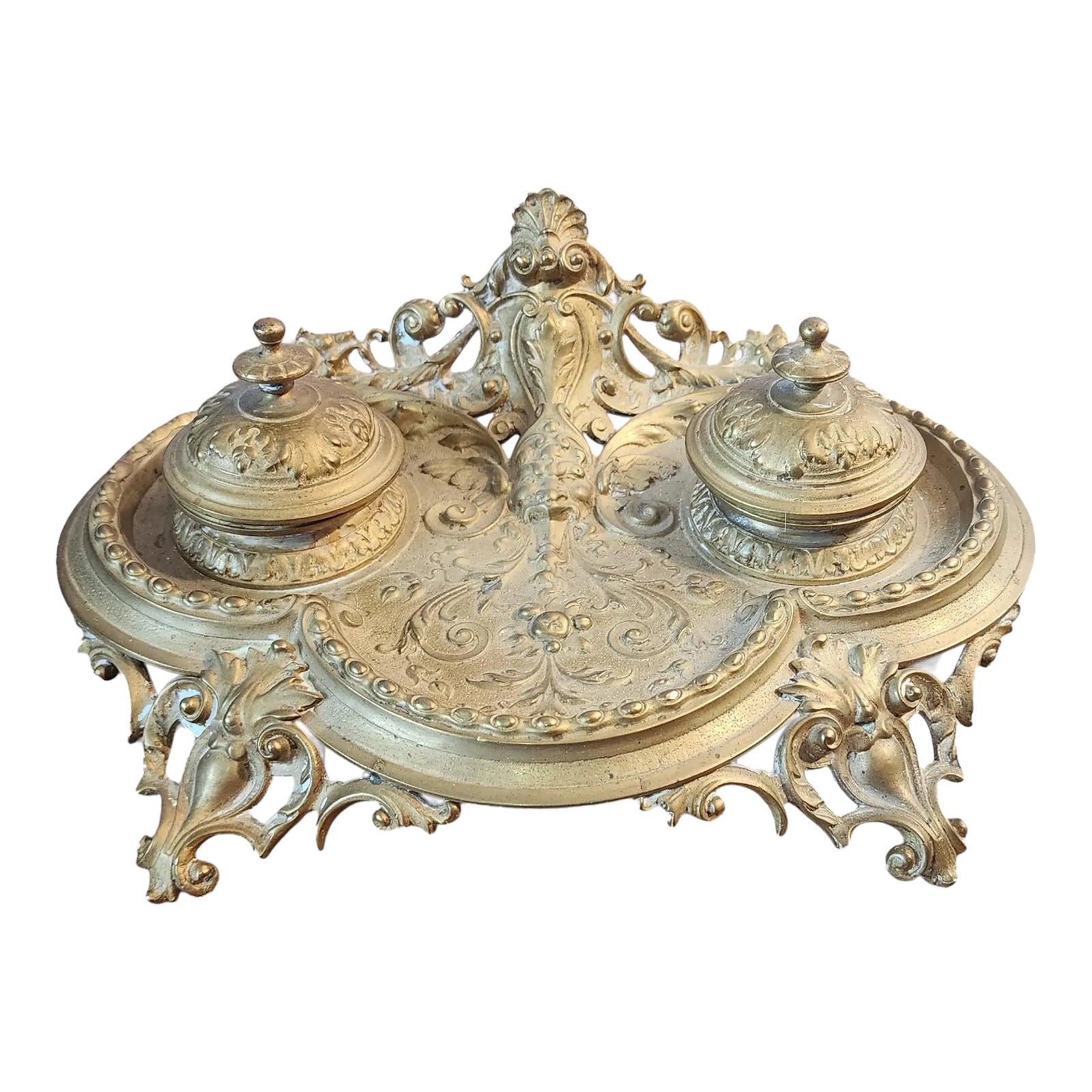Antique Decorative Brass Victorian Desktop Double Inkwell, C1900 | Chairish