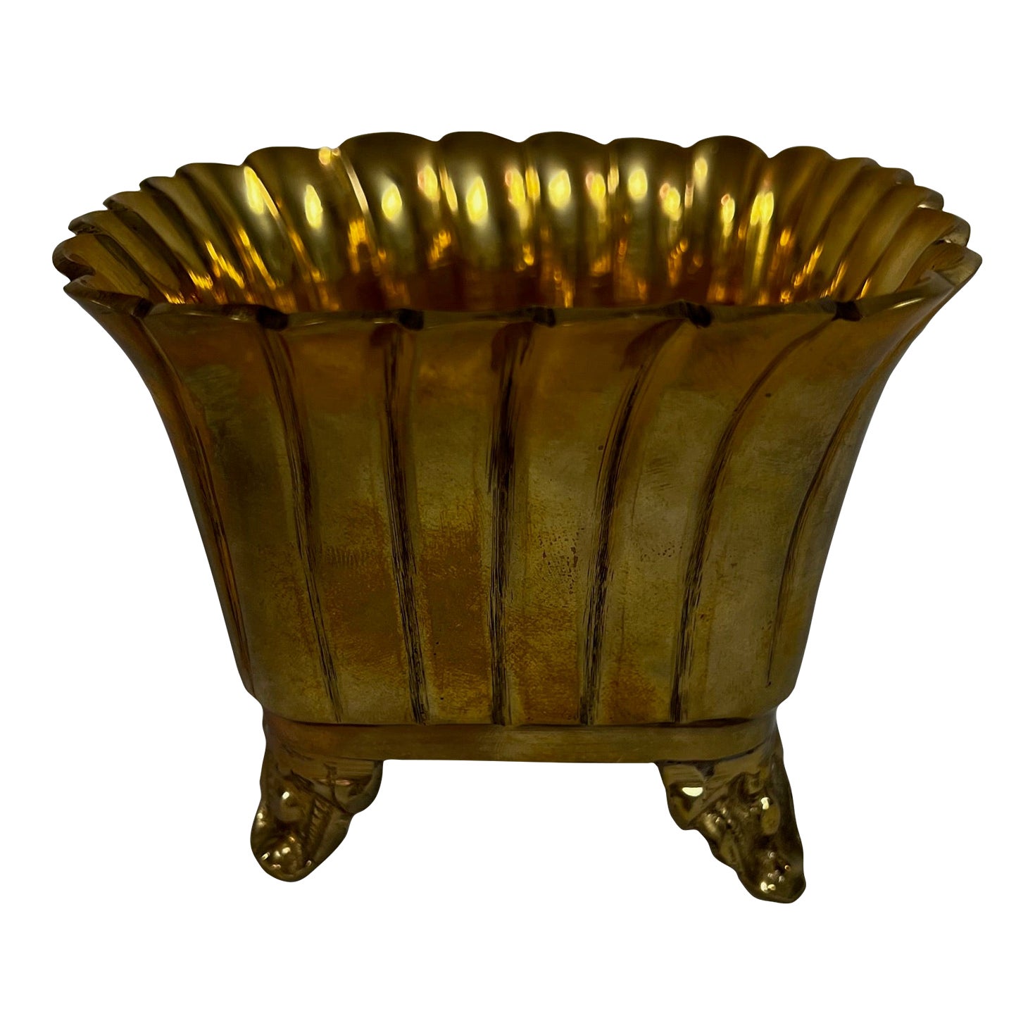 Small Vintage Solid Brass Square Footed Cachepot With Fluted Edge ...