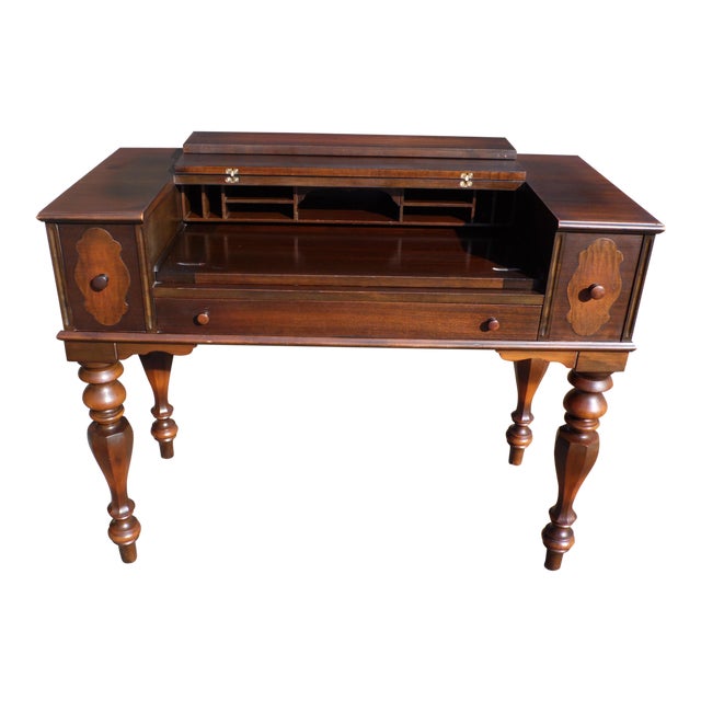 Antique Walnut Empire Flip Top Writing Spinet Desk Sofa Table | Chairish