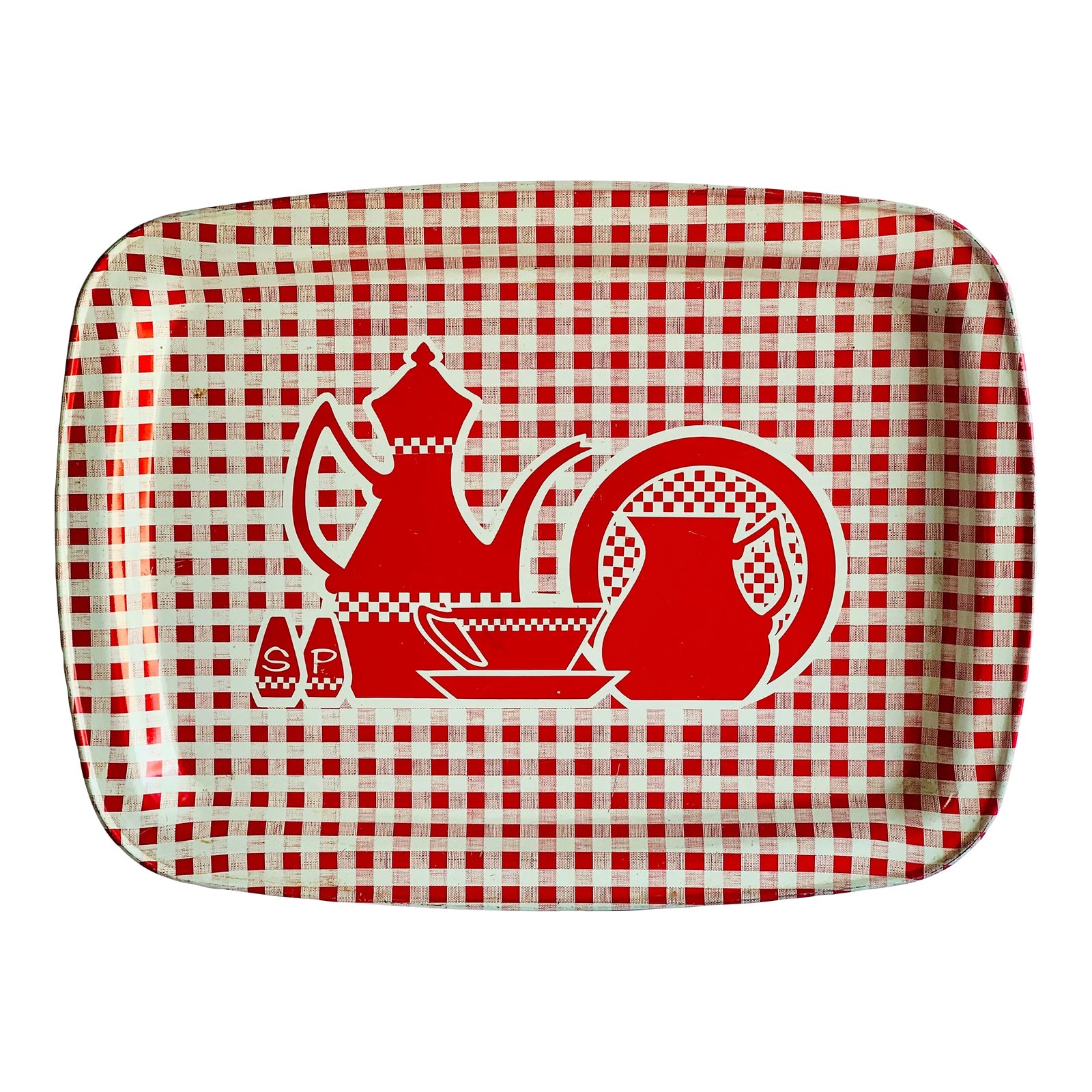 Mid-Century Vintage Red & White Gingham Metal Tray in the 'Marcelline ...