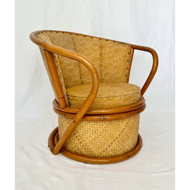 Mid Century Woven Palm Wrapped Rattan Round Lounge Chair | Chairish