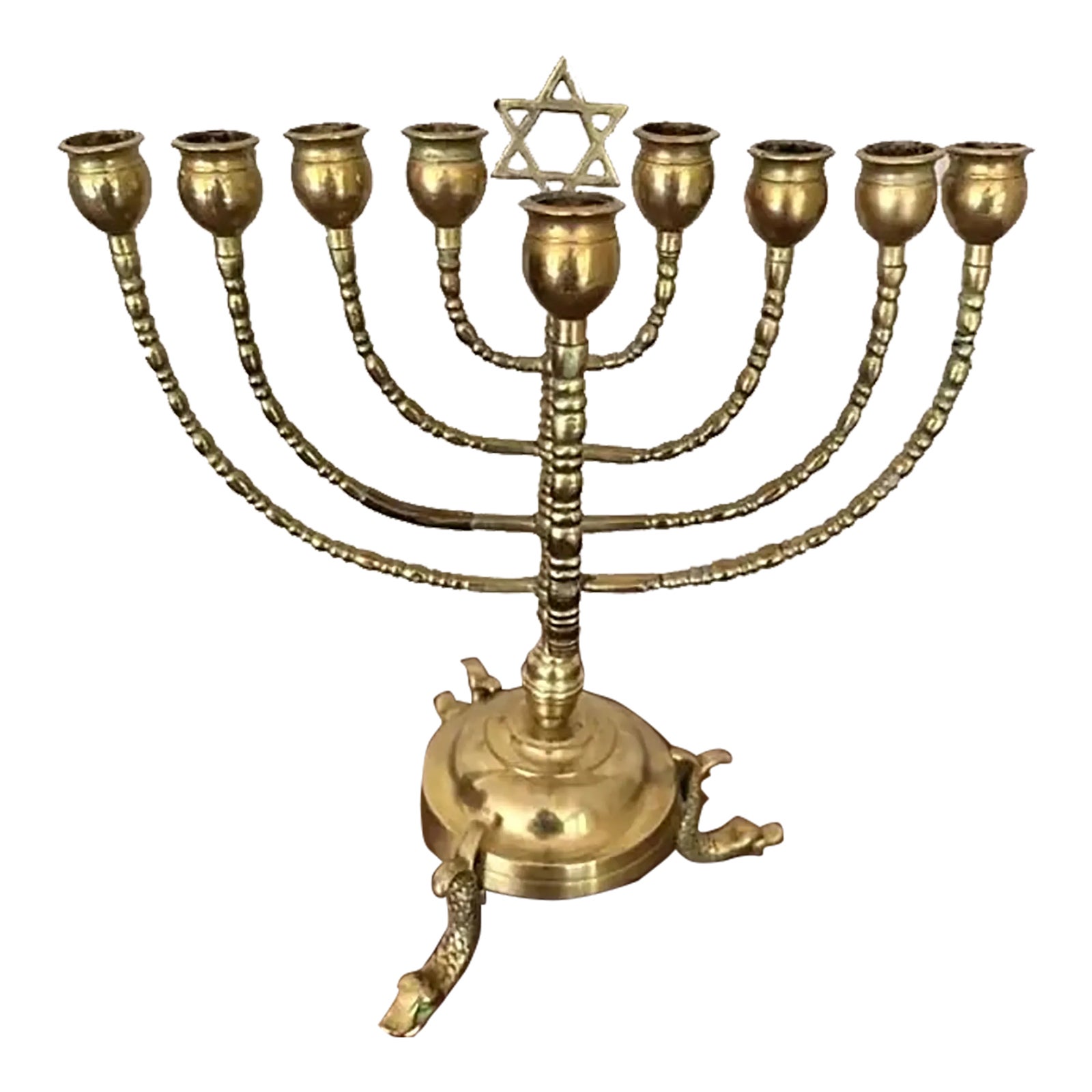 Antique Dutch Brass Menorah Hanukkiah With Dolphin Feet | Chairish