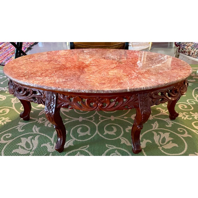 Vintage Pink Red Marble Top Carved Wood Coffee Table Chairish