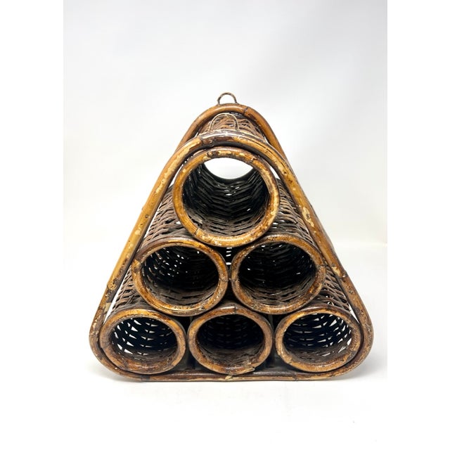 Vintage Mid-Century Boho 6 Bottle Rattan Wine Rack | Chairish