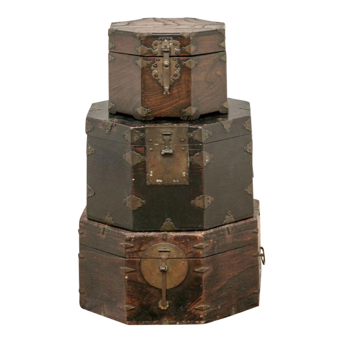 Early 20th Century Lift Top Asian Stacking Storage Boxes With Brass ...