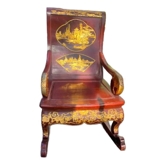 Antique Red Lacquer Asian Rocking Chair | Chairish