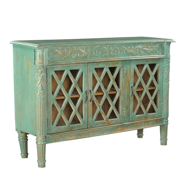 Farmhouse Style Distressed Blue Carved Sideboard With Glass Doors ...