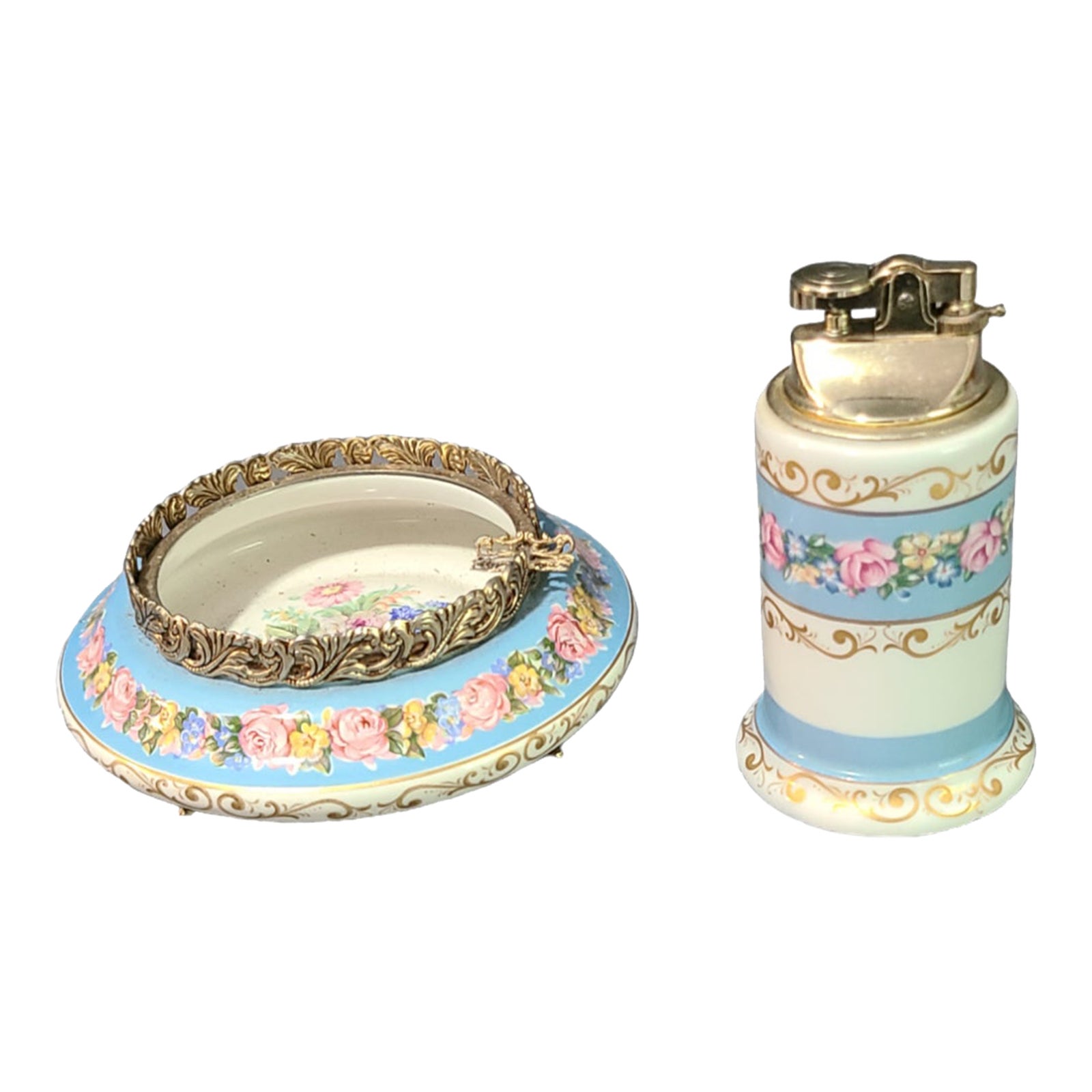 Vintage French Hand Painted Porcelain Floral Brass Ormolu Ashtray ...