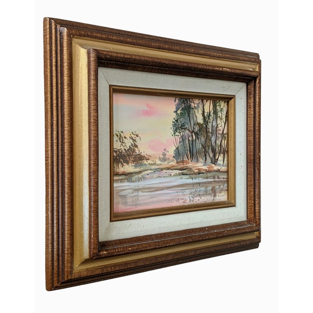 Vintage Landscape Wooded Pond Watercolor Painting Framed and Signed ...