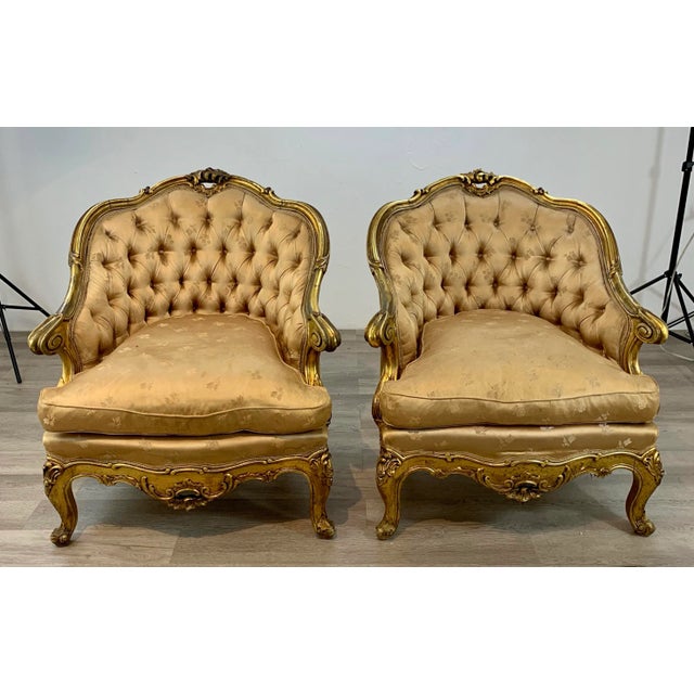 Antique French Tufted Gold Gilt Lounge Chair Pair | Chairish