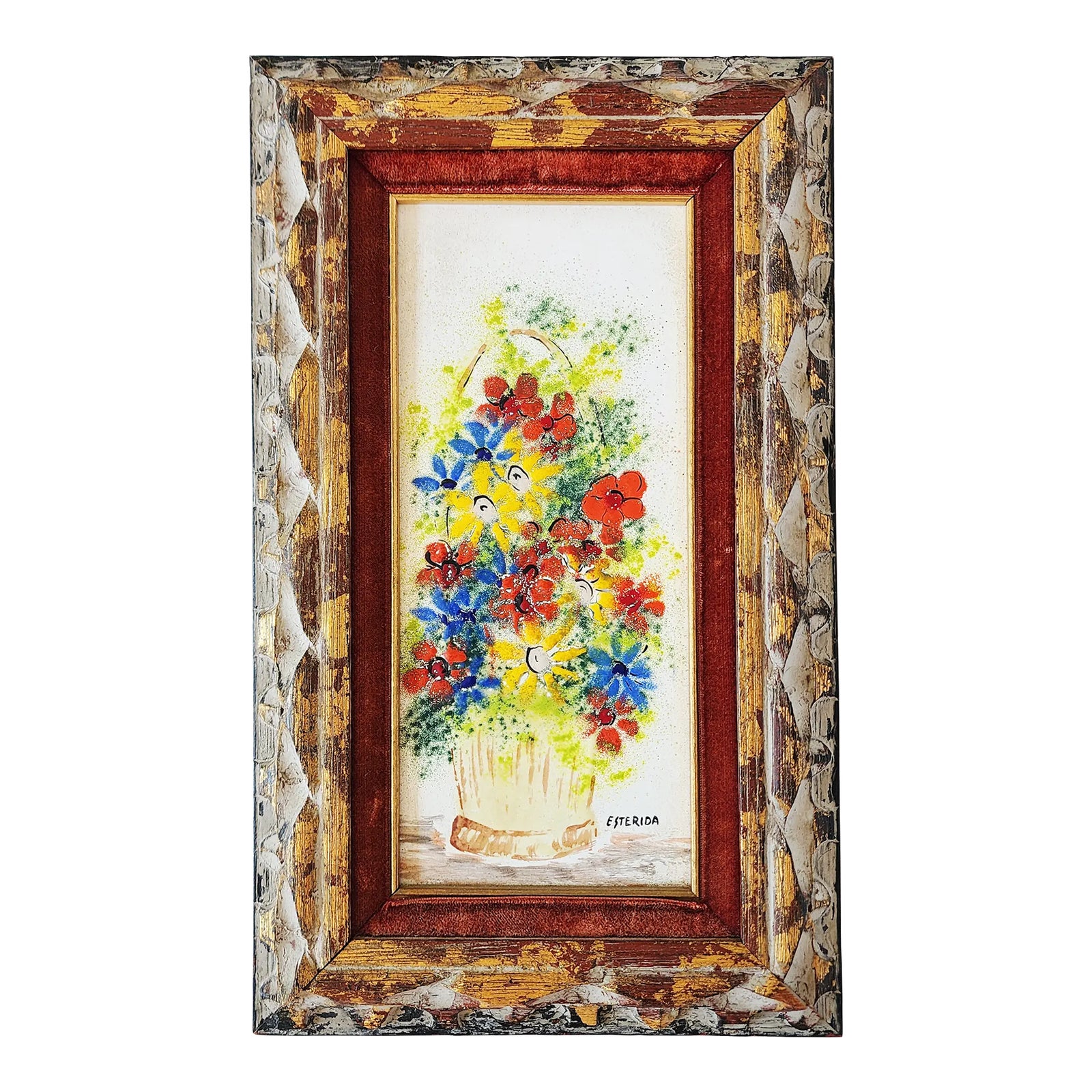 Mid Century Modern Raphael Esterida Enamel Floral Painting | Chairish