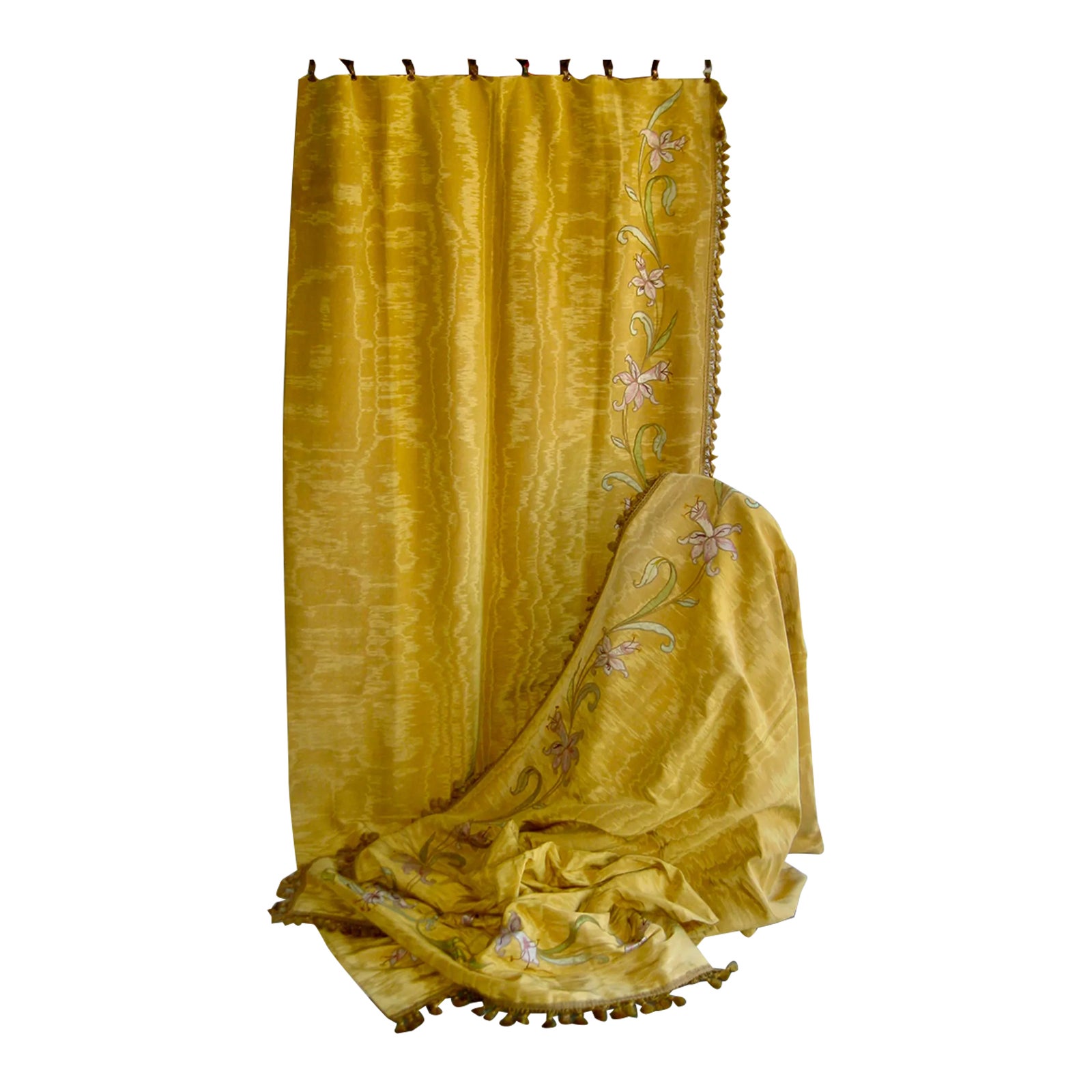 French Yellow Moire Silk and Flowers Castle Curtains Drapes, Early 18 ...
