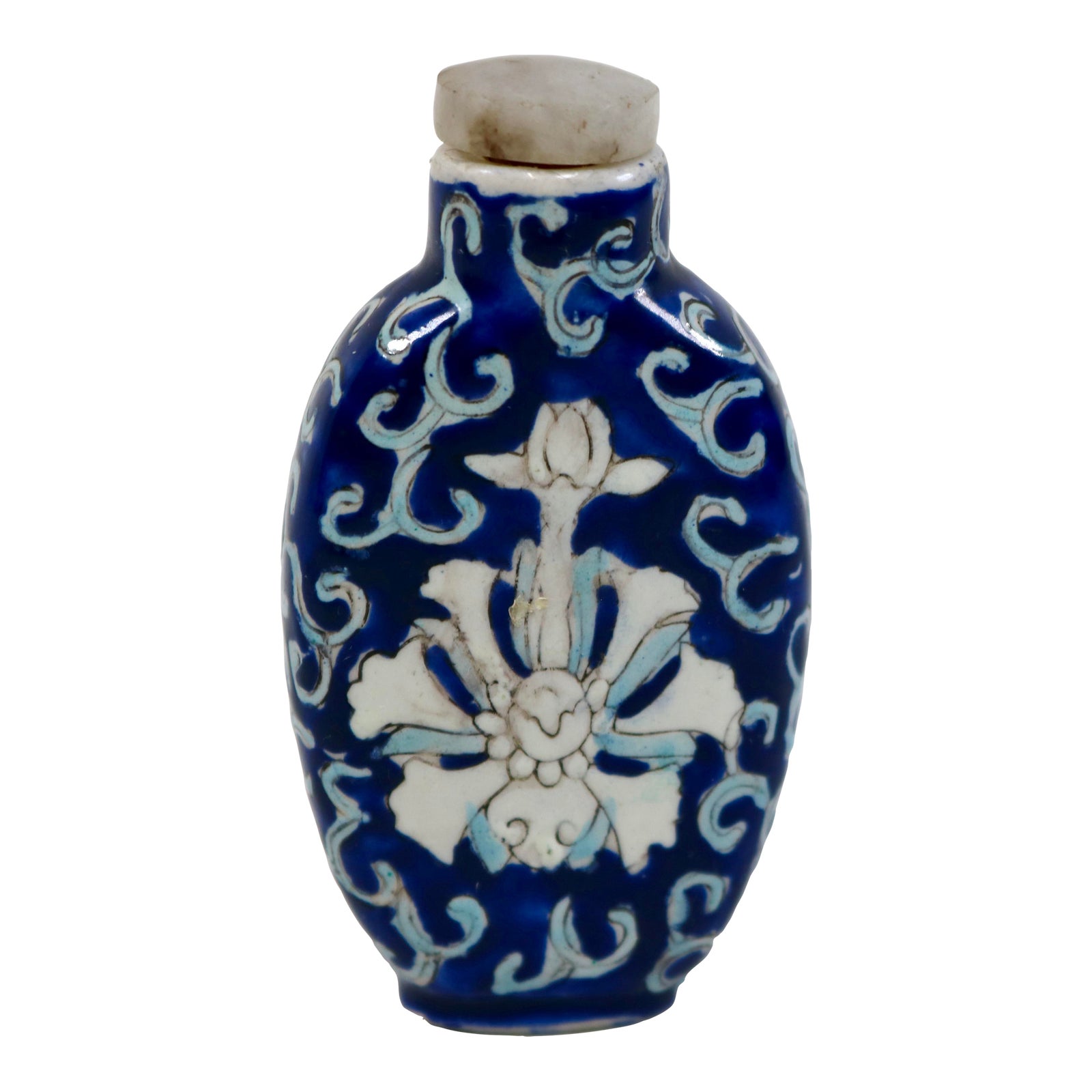 Antique Blue & White Enamel Lotus Flower Chinese Snuff Bottle With ...