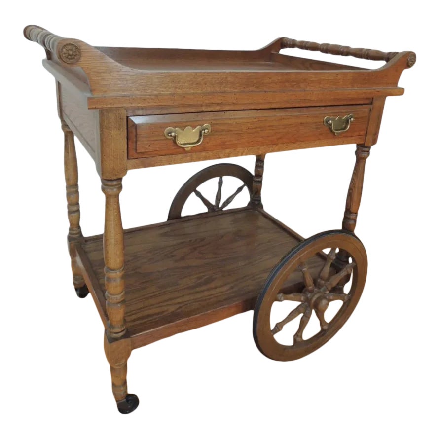 1970s Colonial Style Serving Cart Oak Wood Tea Cart | Chairish