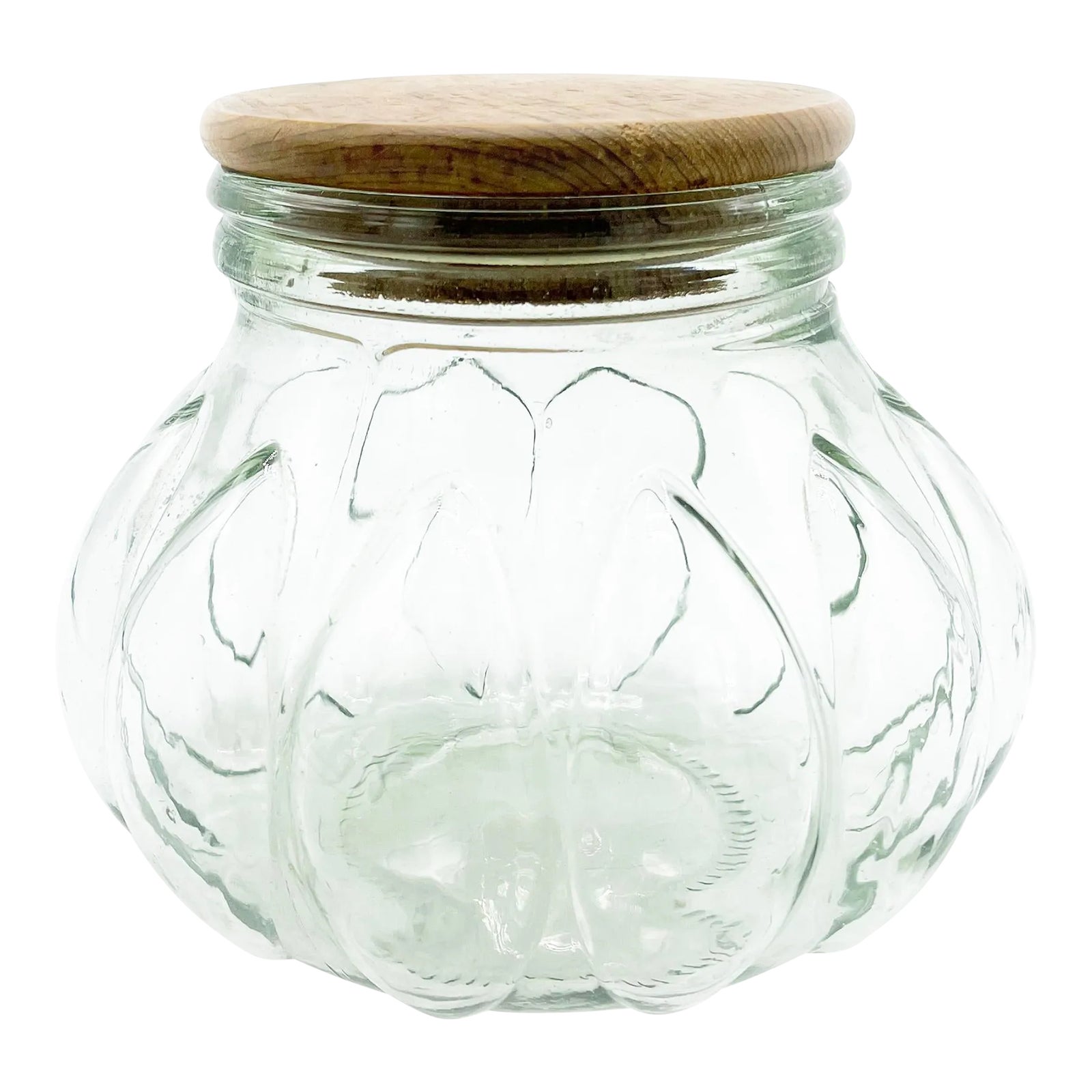 Mid-Century Modern Smoke Colored Glass Jar With Wooden Lid | Chairish