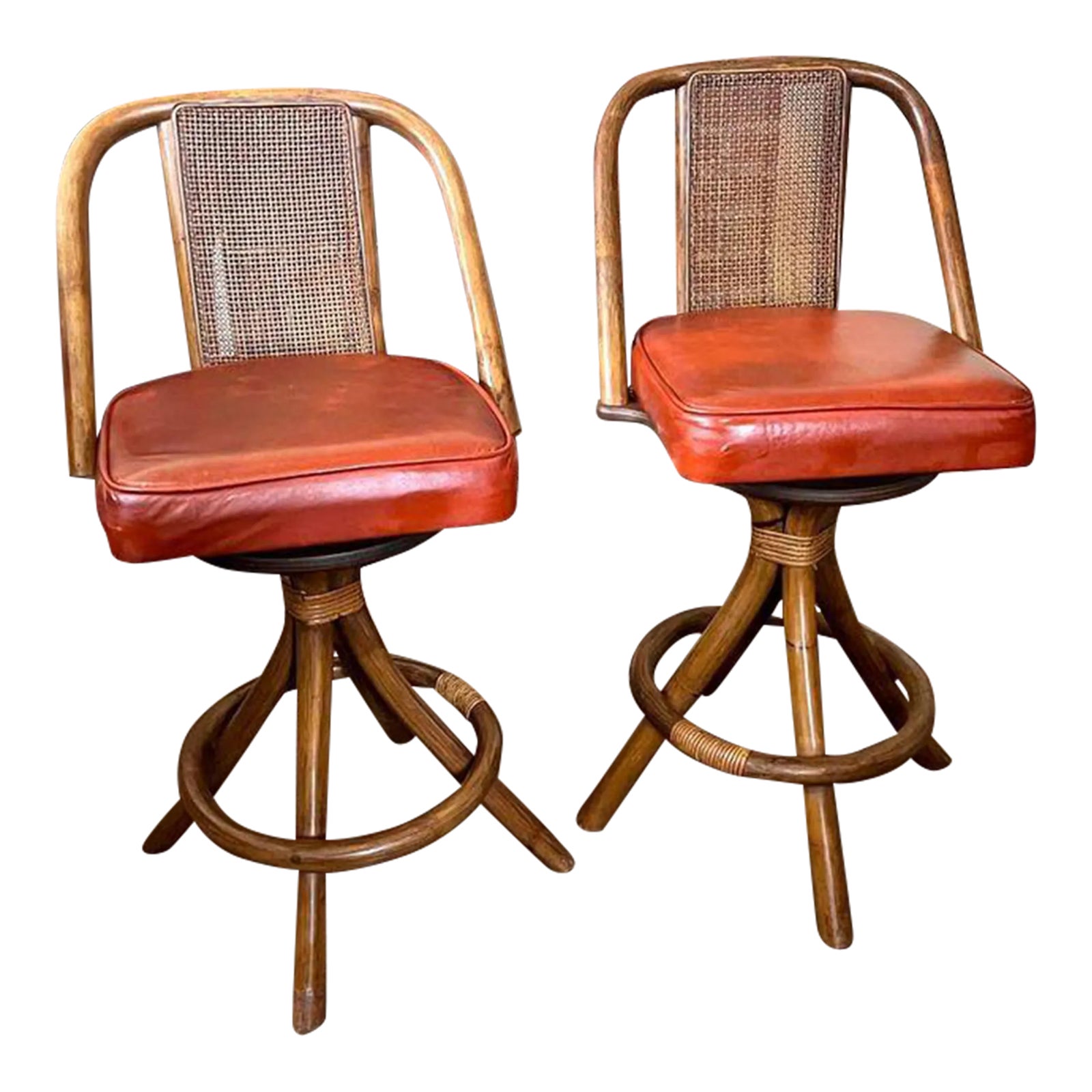 Mid 20th Century Mid Century Bent Wood and Cane Counter Stools - Set of ...