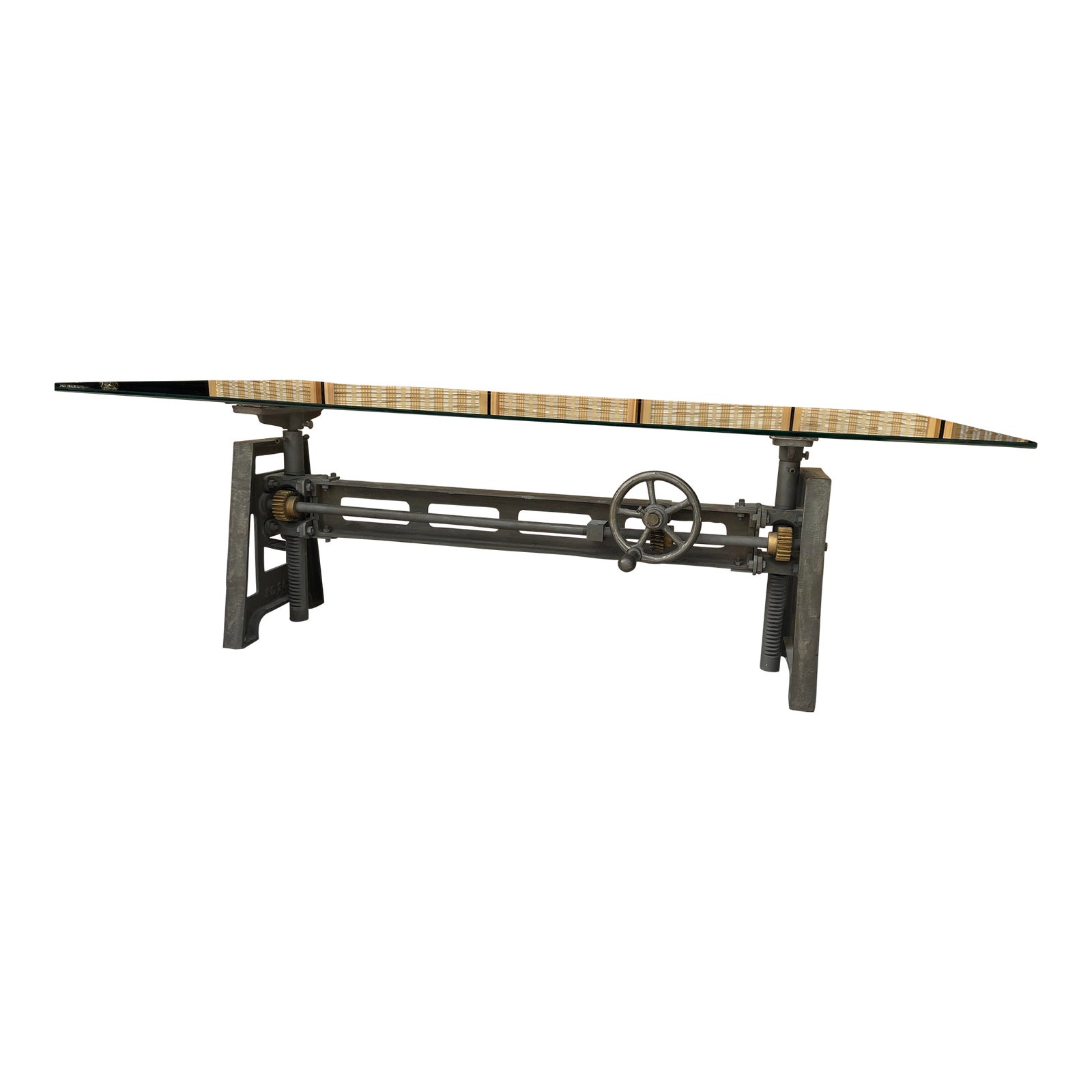 1980s Vintage Cast Iron Crank Table Machine Base Coffee Table | Chairish