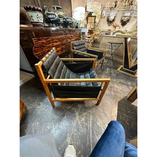Pair of MCM Oak and Leather Arm Chairs | Chairish