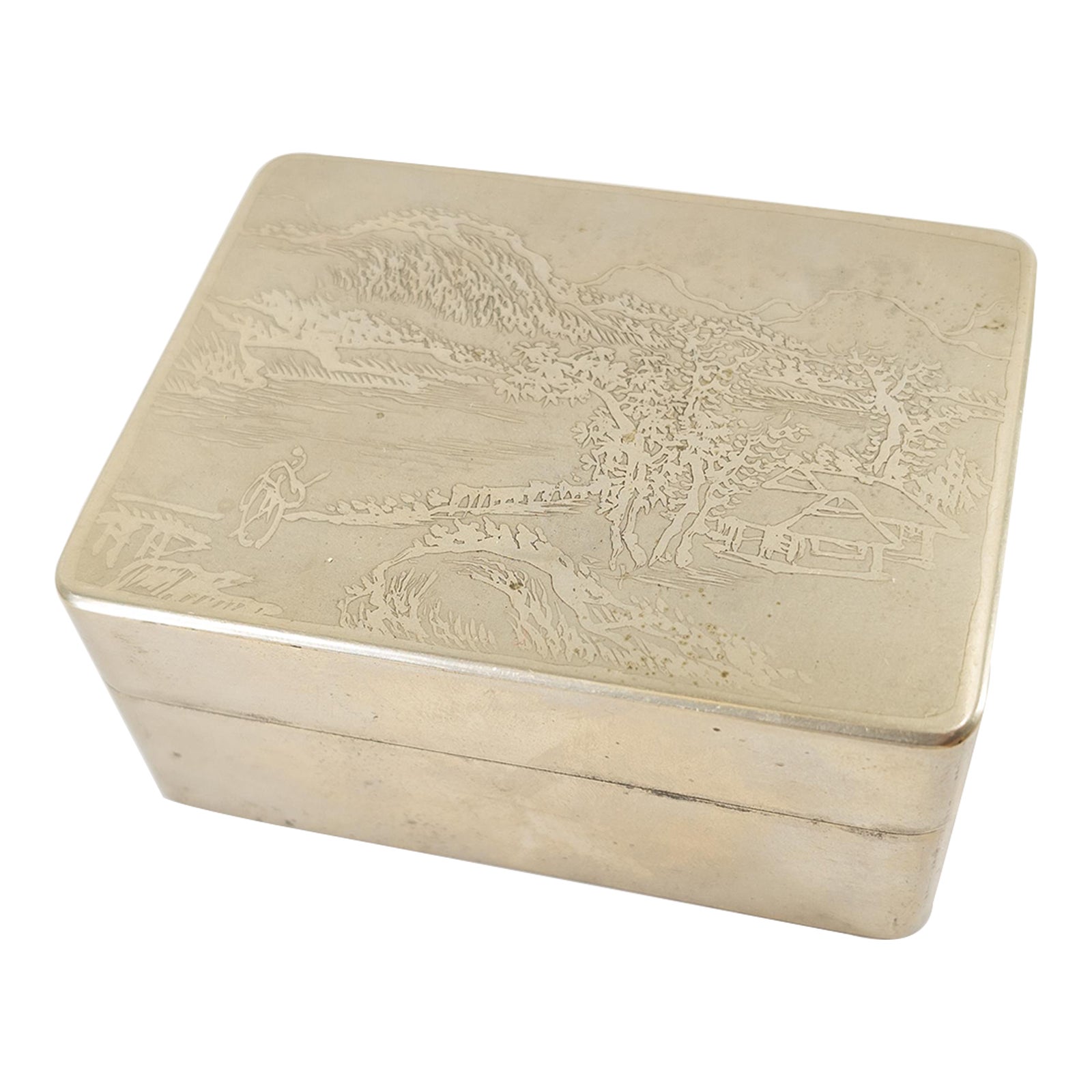19th Century Chinese Paktong Ink Box With Landscape Design | Chairish