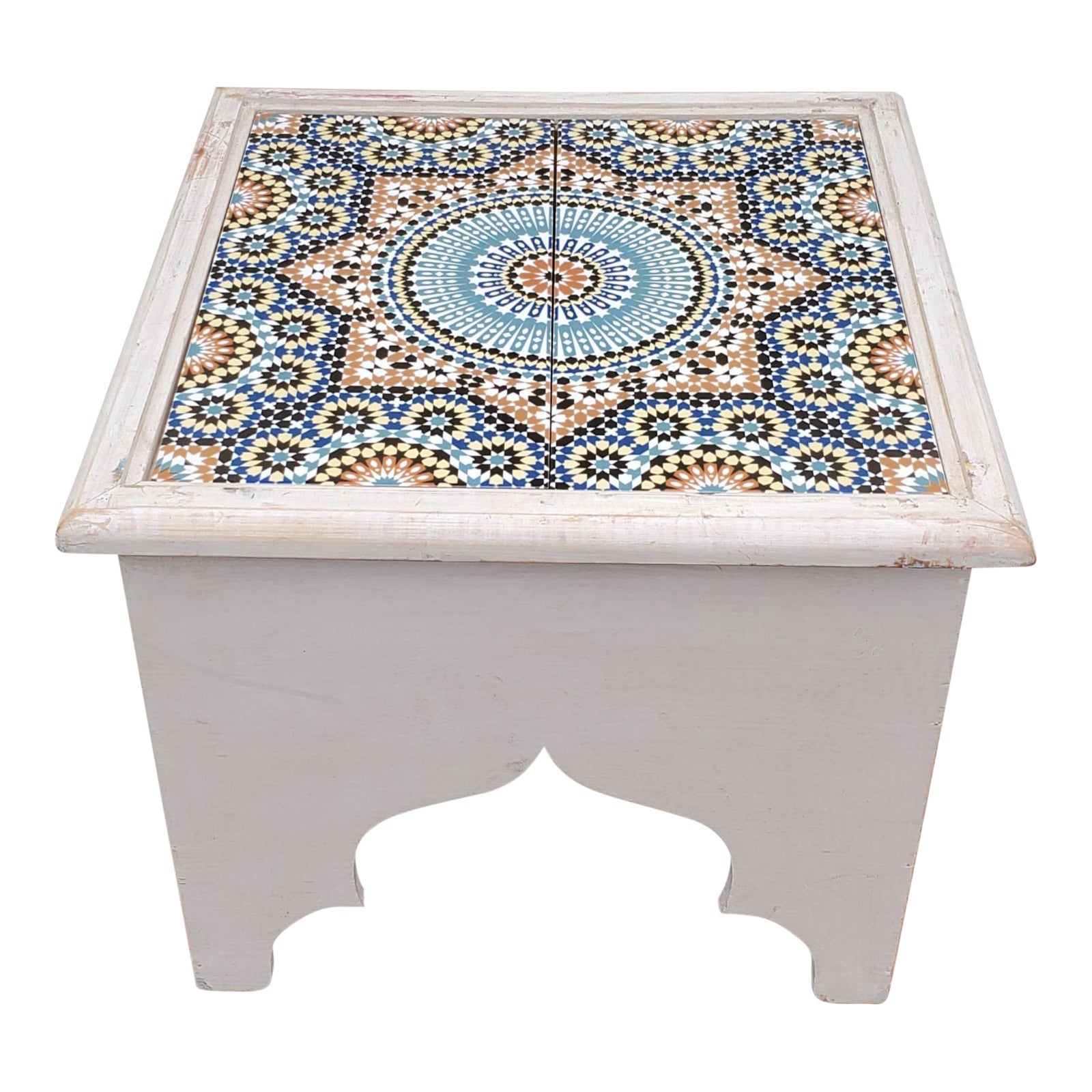 Moroccan Wooden Tile Top Side Table | Chairish