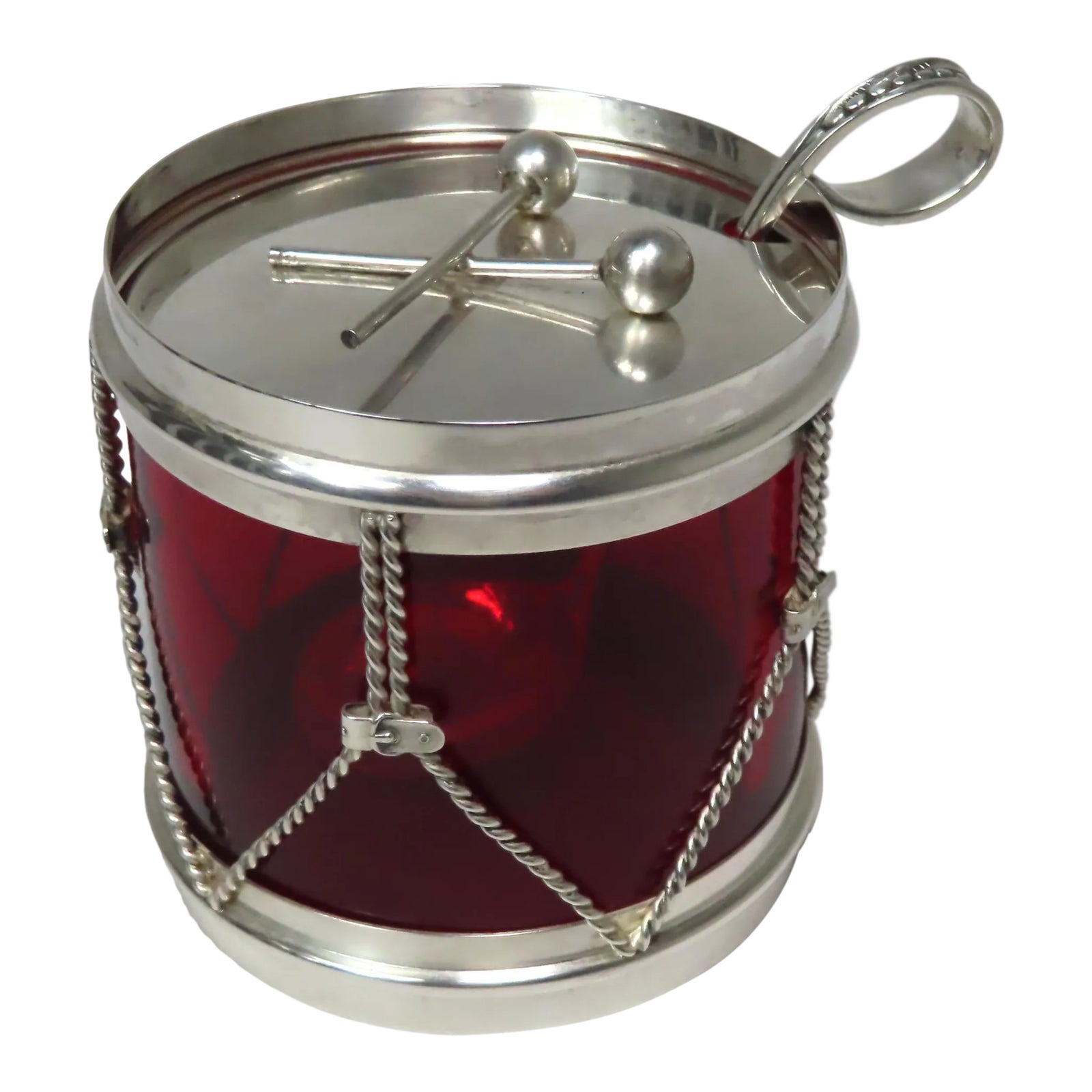 Vintage Sterling Silver & Ruby Glass Figurative Drum Jam Jar | Chairish