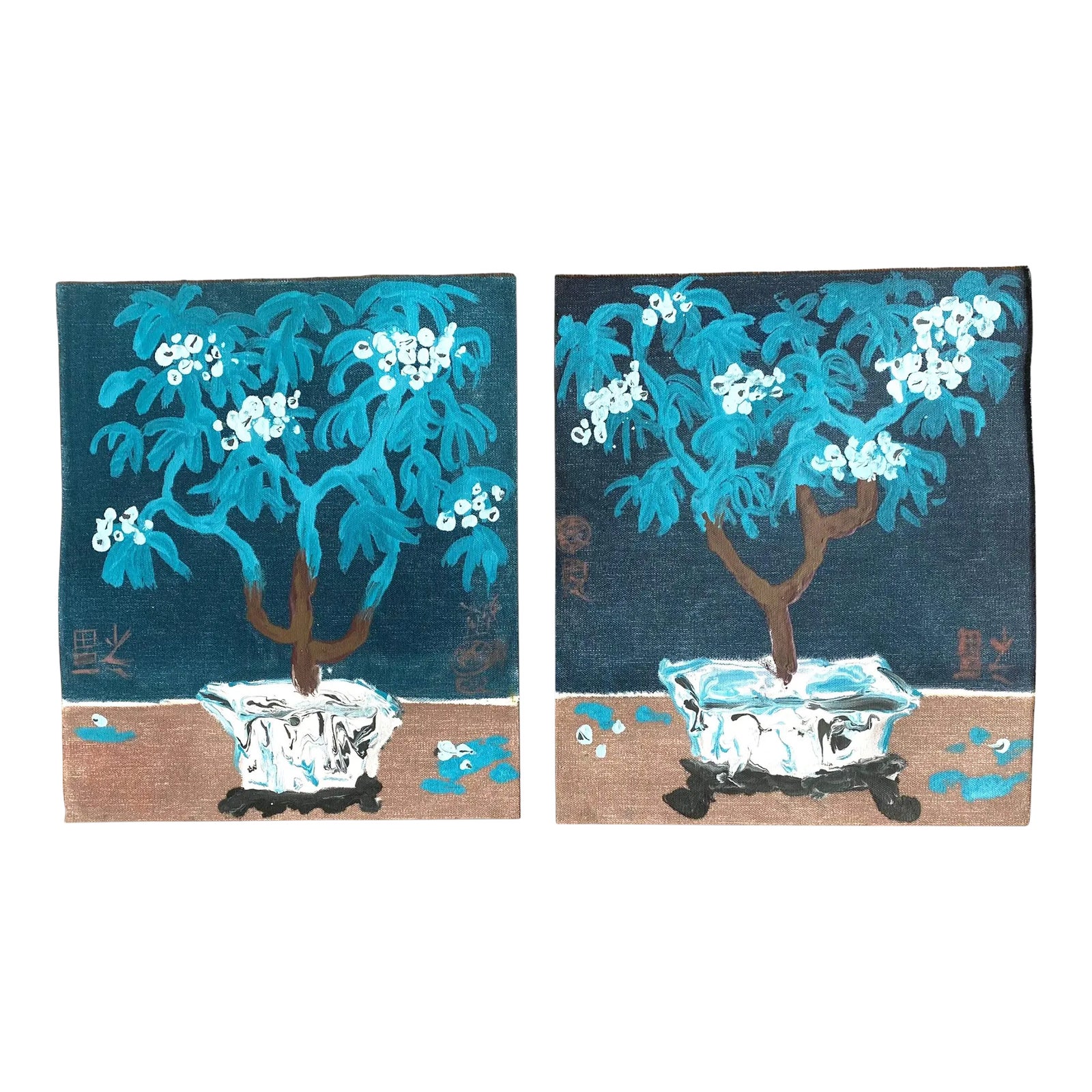 A Pair of Modernist Botanical Still Life Oil Paintings on Canvas | Chairish