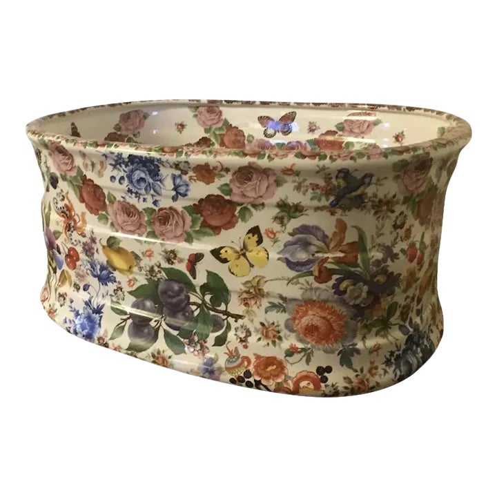 Antique 19th Century English Porcelain Cachepot Decorated with Flowers ...