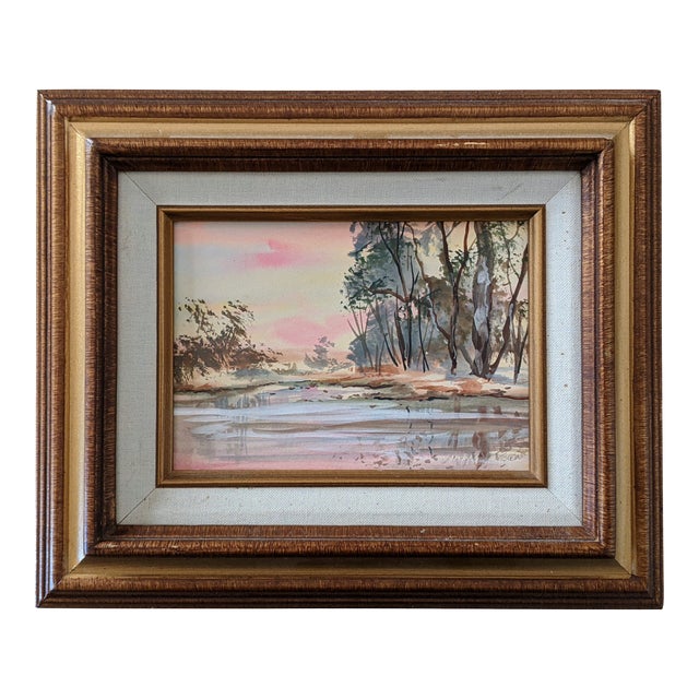 Vintage Landscape Wooded Pond Watercolor Painting Framed and Signed ...