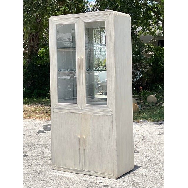 Vintage Coastal Cerused Pencil Reed Display Cabinet | Chairish
