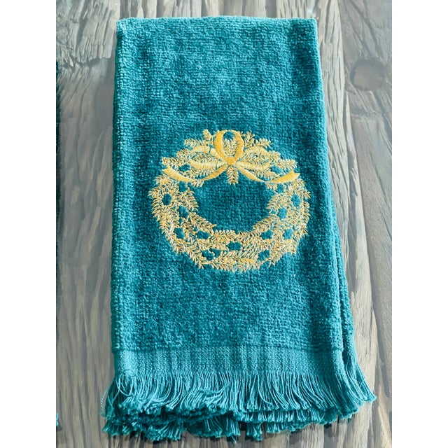 4 Gold Embroidered Face / Guest Terry Towels Bottle Green | Chairish