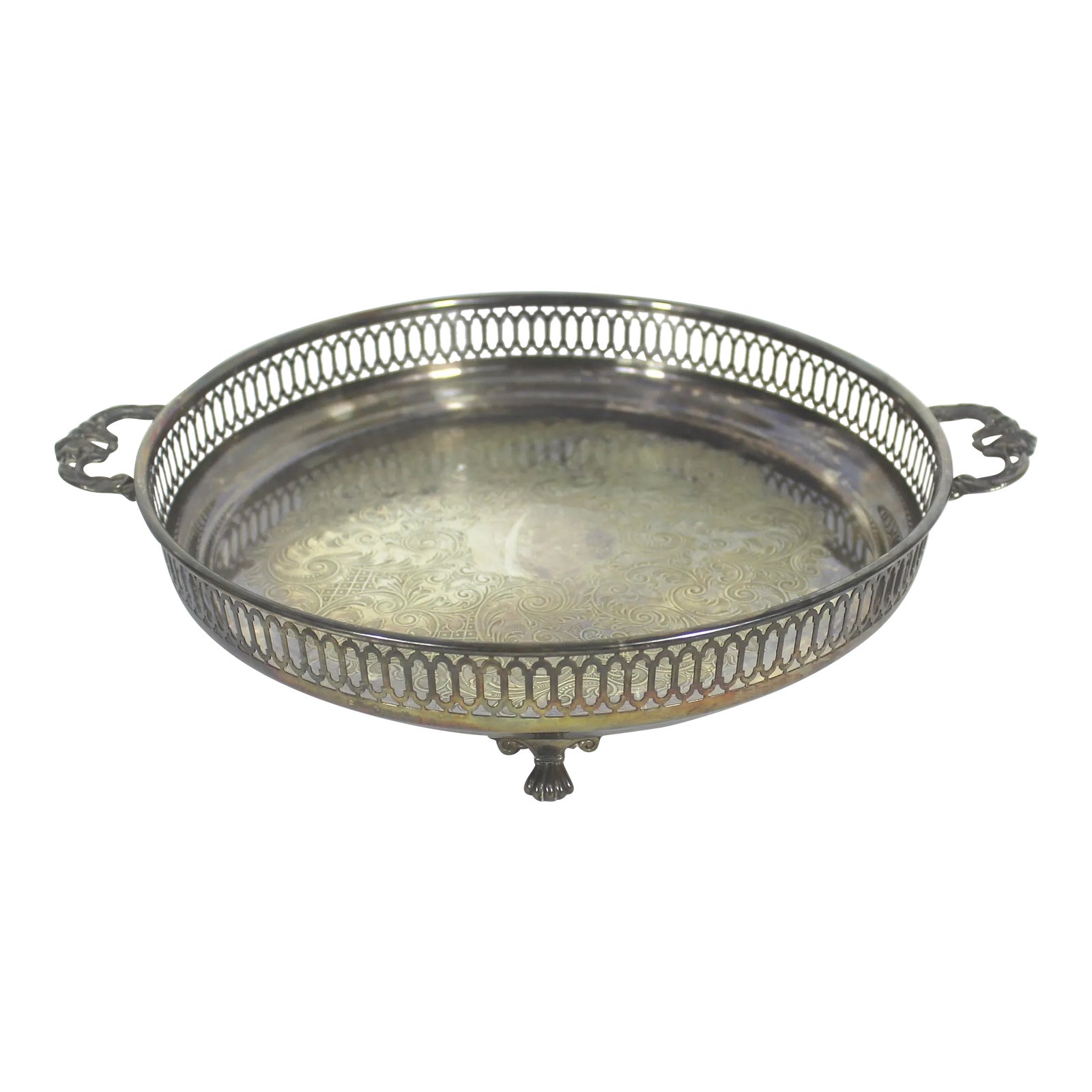 Small Handled Footed Round Silver Plated Gallery or Bar Tray With ...
