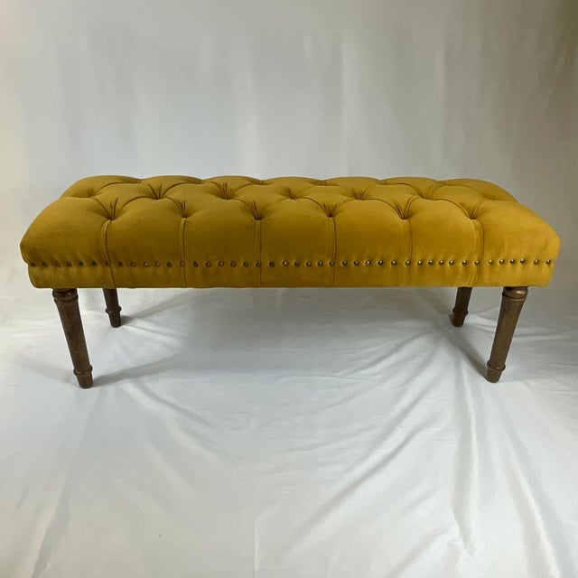 Vintage Traditional Tufted Velvet Bench in Mustard With Nailhead ...
