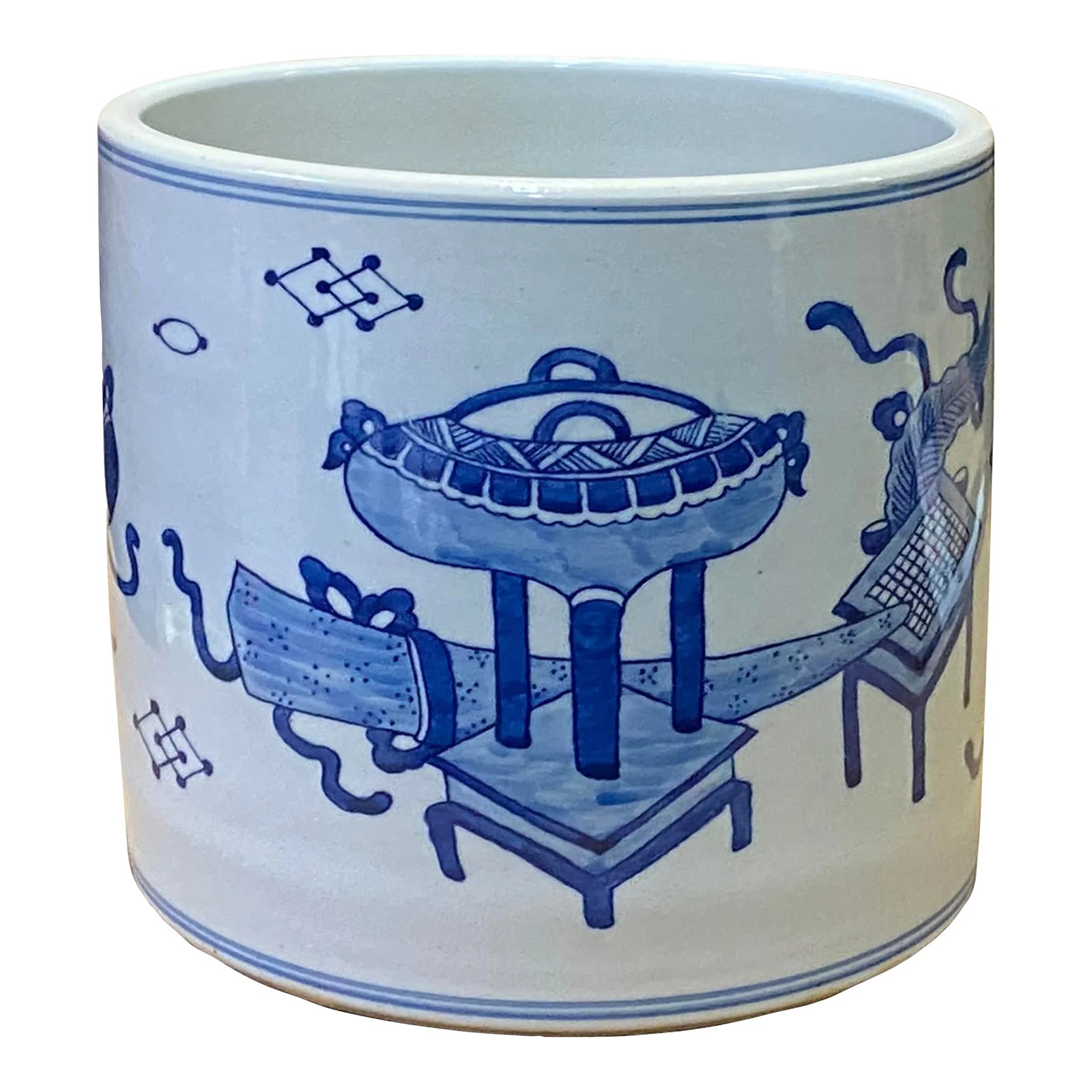 Chinese Blue & White Porcelain Treasure Scenery Brush Holder Pot | Chairish