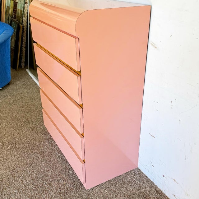 Postmodern Pink Lacquer Laminate Waterfall Highboy Dresser With Gold ...