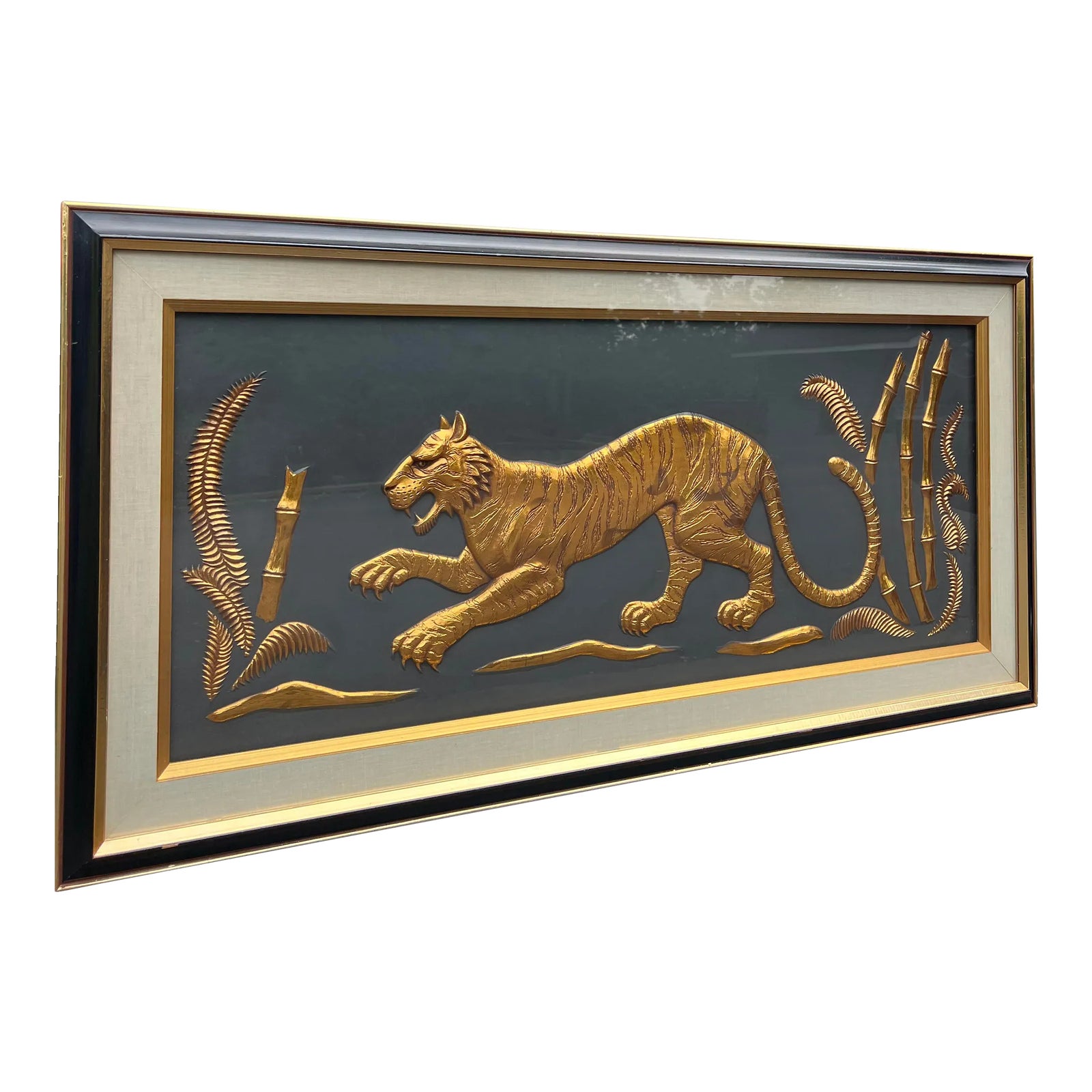 Vintage Modern 3D Wall Art of Tiger in Brass Shadow Box | Chairish